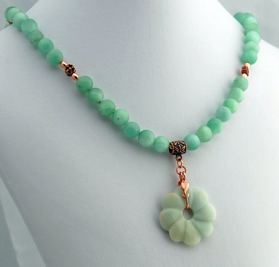 Amazonite Flower Copper Handmade Gemstone Beaded Pendant