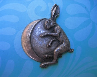 Cold cast pewter Hare and Moon brooch