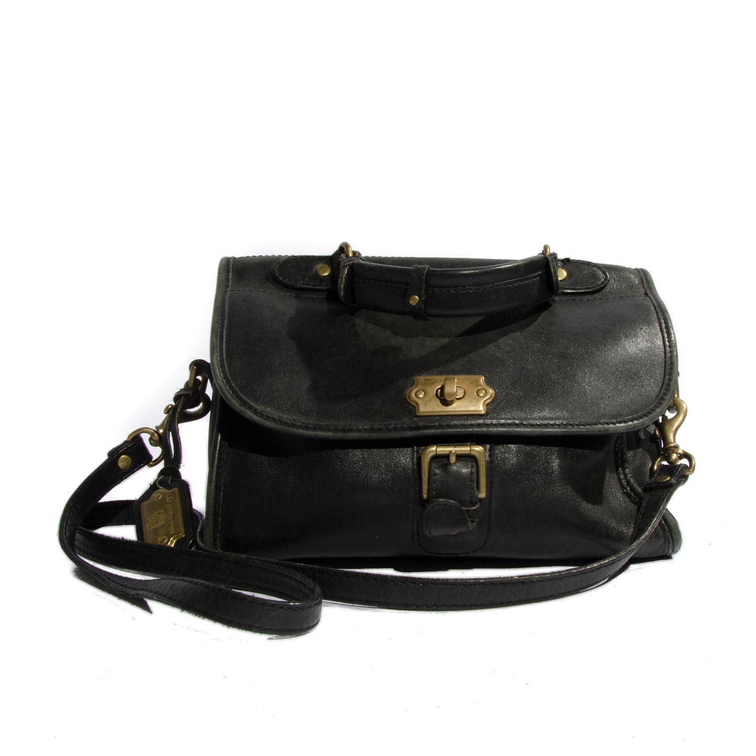 Black Leather Purse Handbag Gold Hardware Cross Body Strap