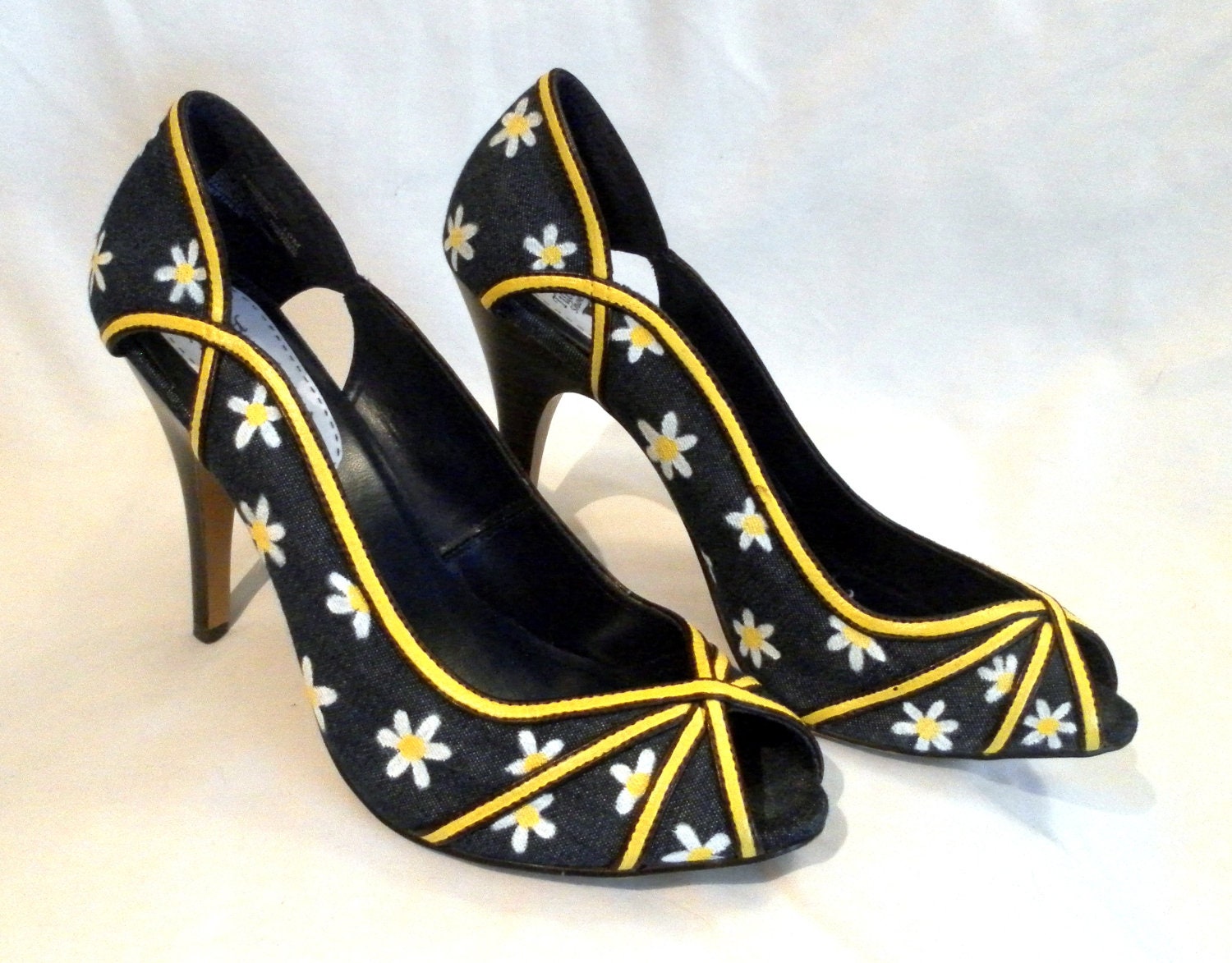 Hand Painted Daisy Denim Peep Toe High Heel Shoes by TiltedShoes