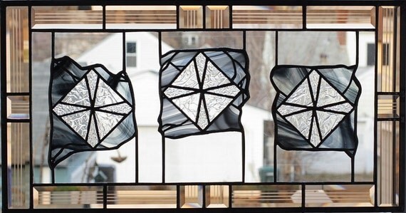 Items similar to Modern geometric stained glass panel with beveled ...