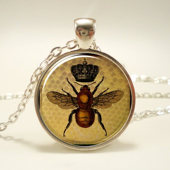 Queen Bee Necklace Royal Crown Insect Art Pendant Bee by rainnua