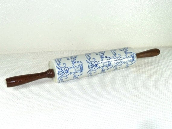 Vintage Blue and White Ceramic Rolling Pin with Dark Wooden