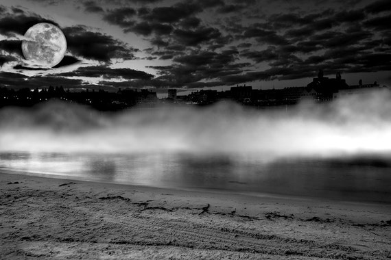 Full Moon Beach Photo Sand Water Moonlight Fog Fine Art Black