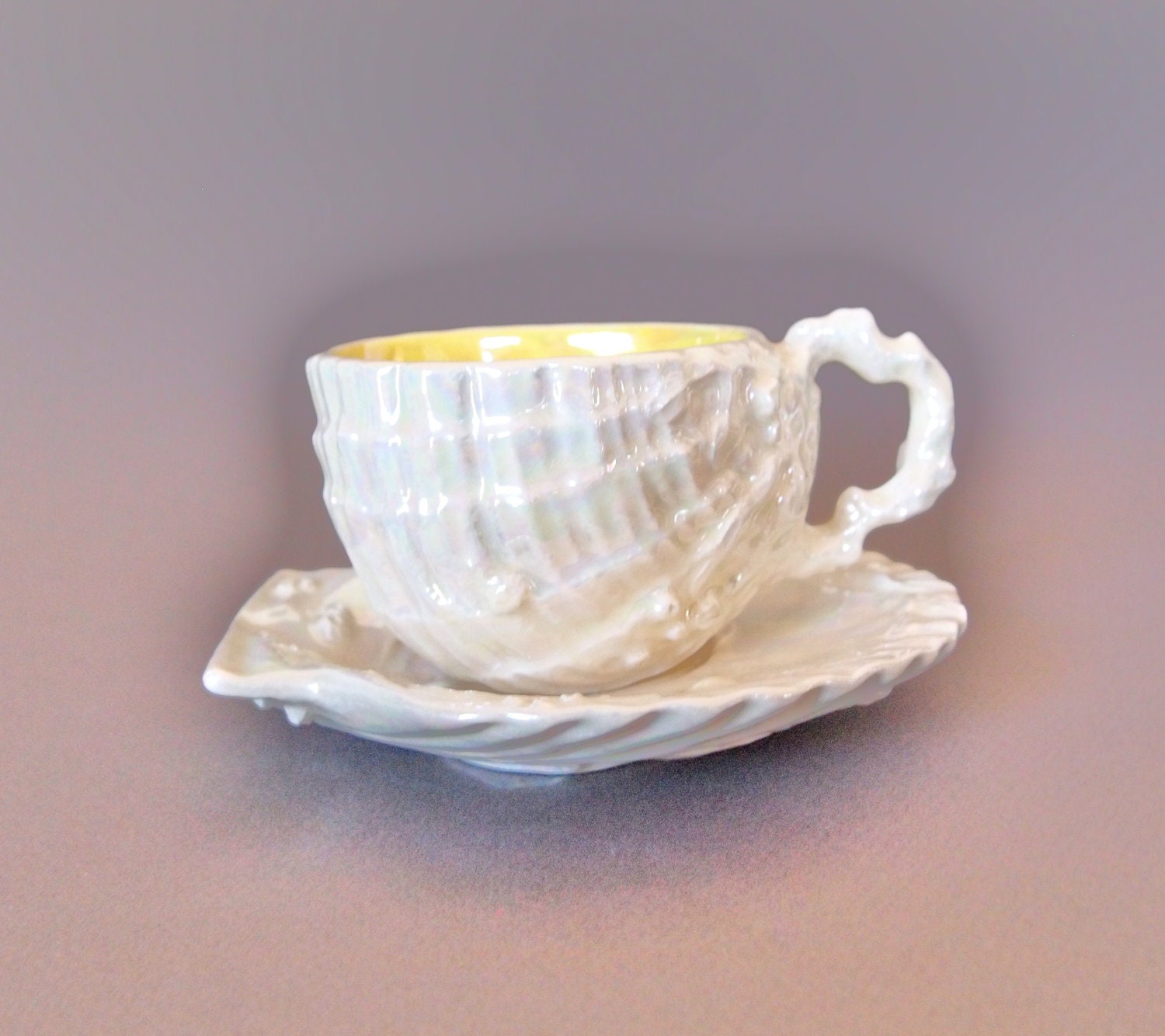 Vintage Handmade Ceramic Sea Shell Teacup Folk Art Signed