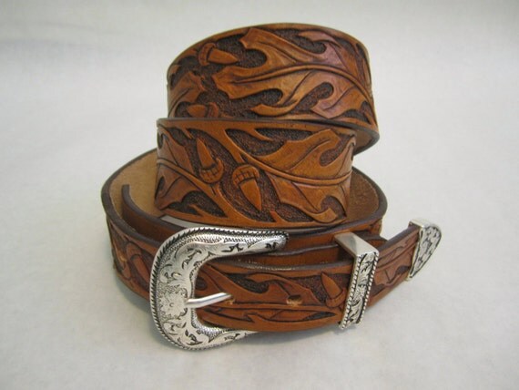 Hand-Tooled Leather Belt With Oak Leaf Western by TheLeafLeather