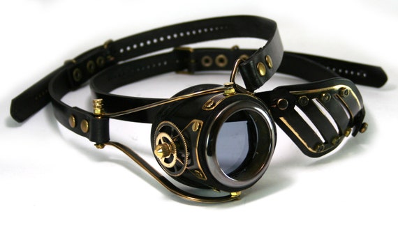 STEAMPUNK MONOGOGGLE and EYEPATCH black leather blackened brass gears ...
