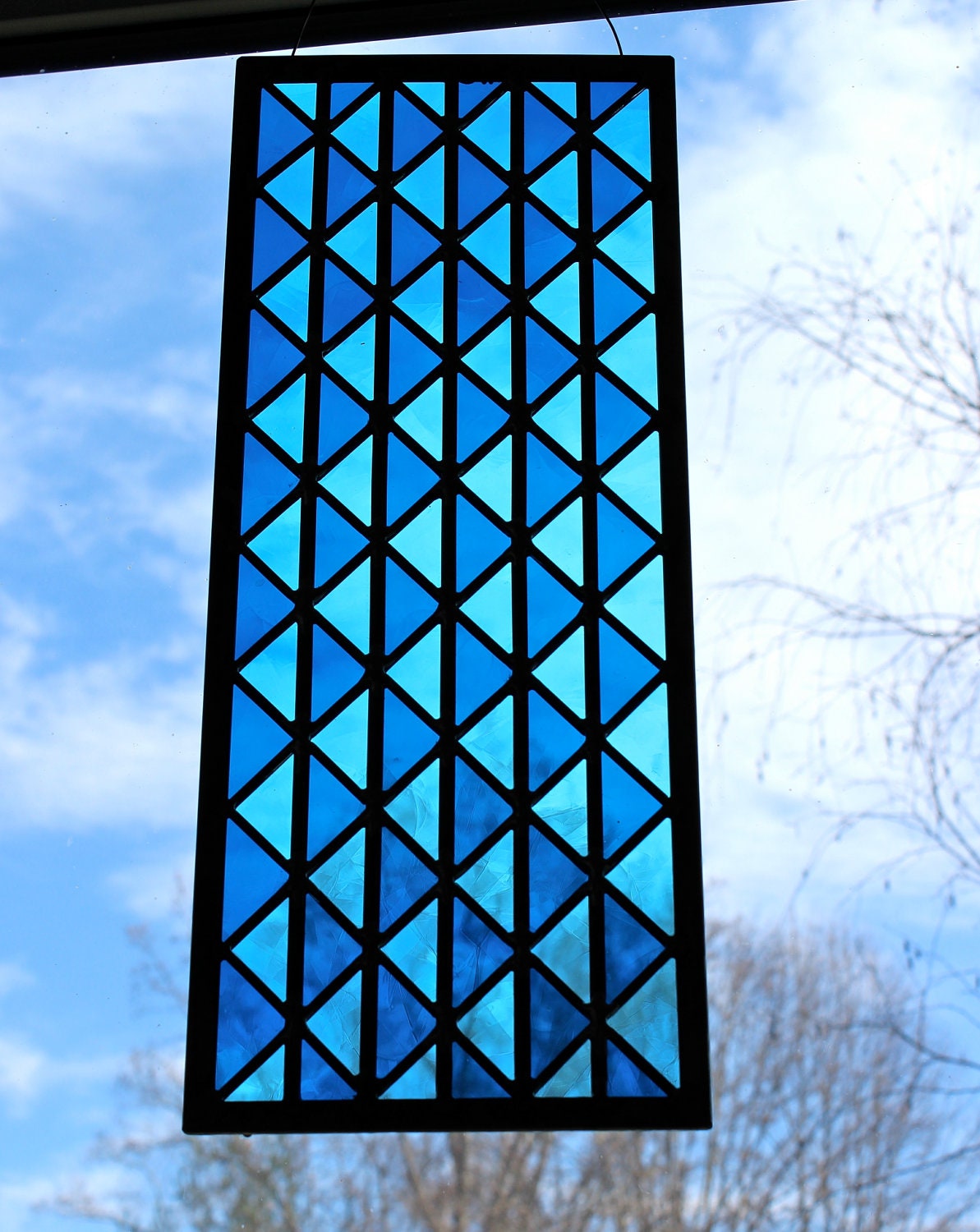 Geometric Triangle Stained Glass Window Panel in Blue Modern