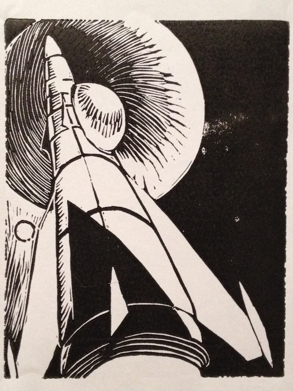 R: Retro Science Fiction Alphabet Letter Rocket Linocut