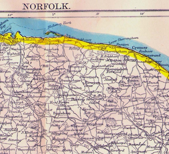 Norfolk County England Map Antique Copper Engraved European