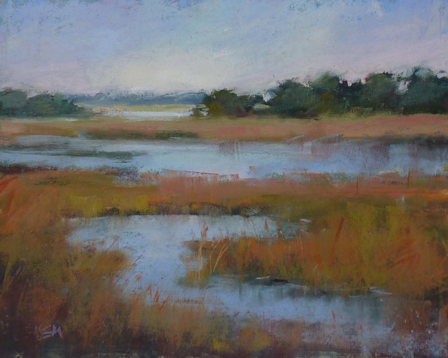 Lowcountry Autumn Marsh Landscape Original Pastel Painting by