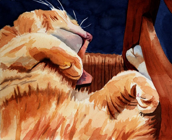 Orange Marmalade Ginger Tabby Cat Art Print of my watercolor