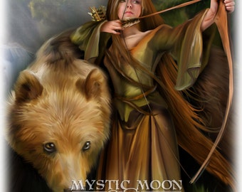 Sabine.. Matted Print...Medieval Woman Archer Protecting Bear... Celtic ...