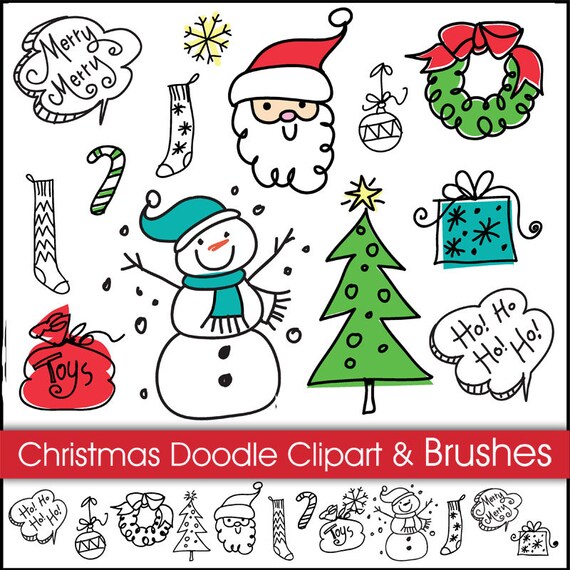 Christmas Doodles Digital Clipart and Brushes. Instant