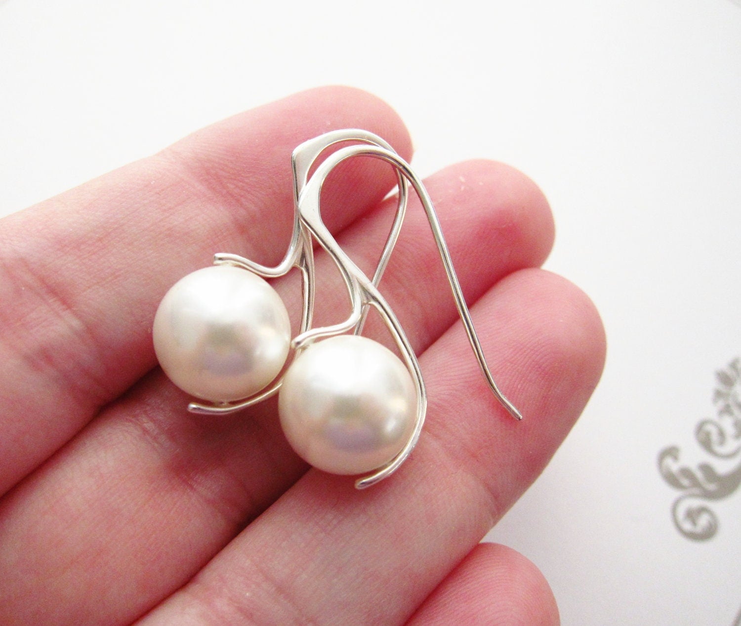 White Pearl Earrings Sterling Silver Simple modern design