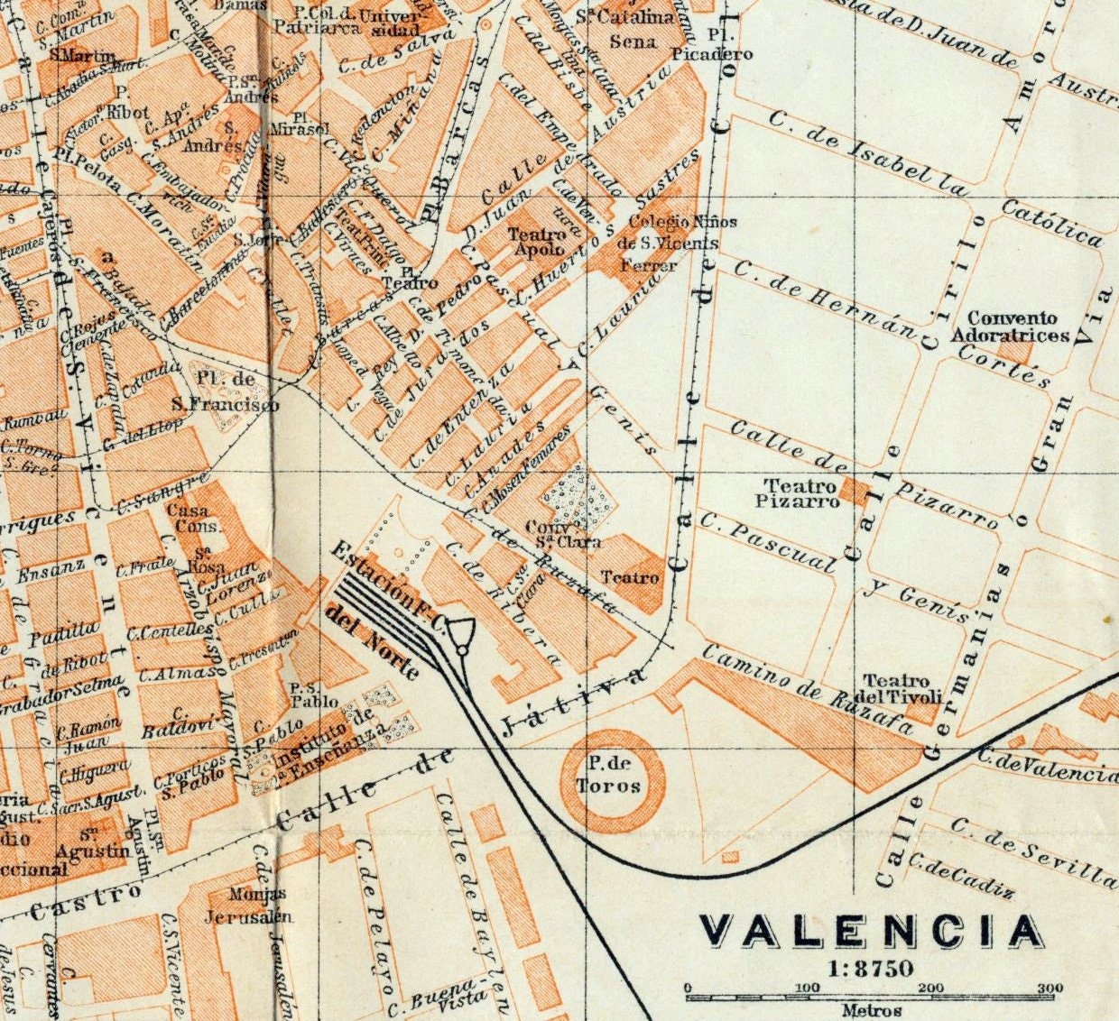 1901 Antique City Map of Valencia Spain