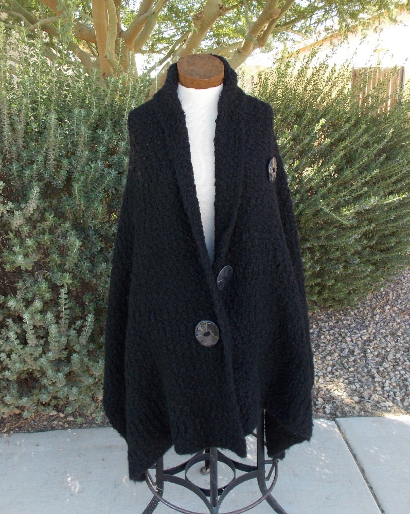 Shawl Cape Wrap Hand Knit Black Plus Size FREE Shipping