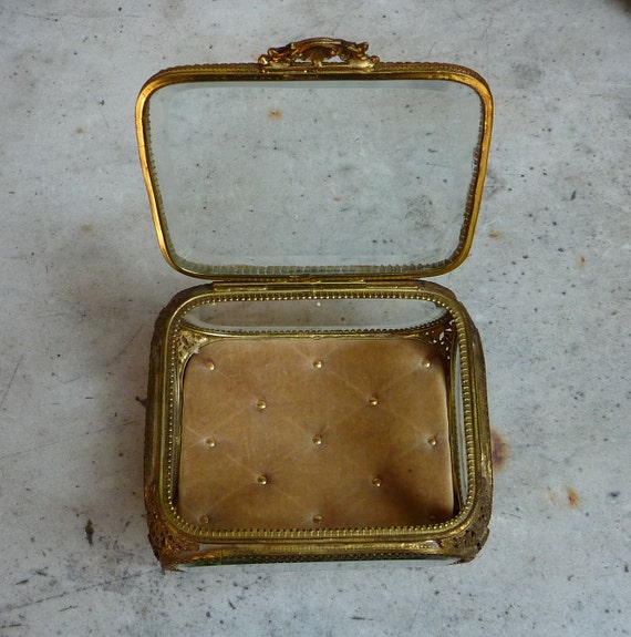 Ormolu Beveled Glass Jewelry Casket Trinket Box Vitrine