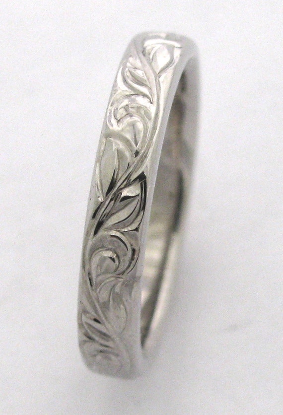 Hand Engraved Vine and Leaf Wedding Band and Anniversary Band