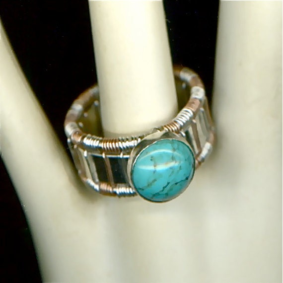 Turquoise Wire Wrapped Ring Sterling Silver Gold Ring Size 7