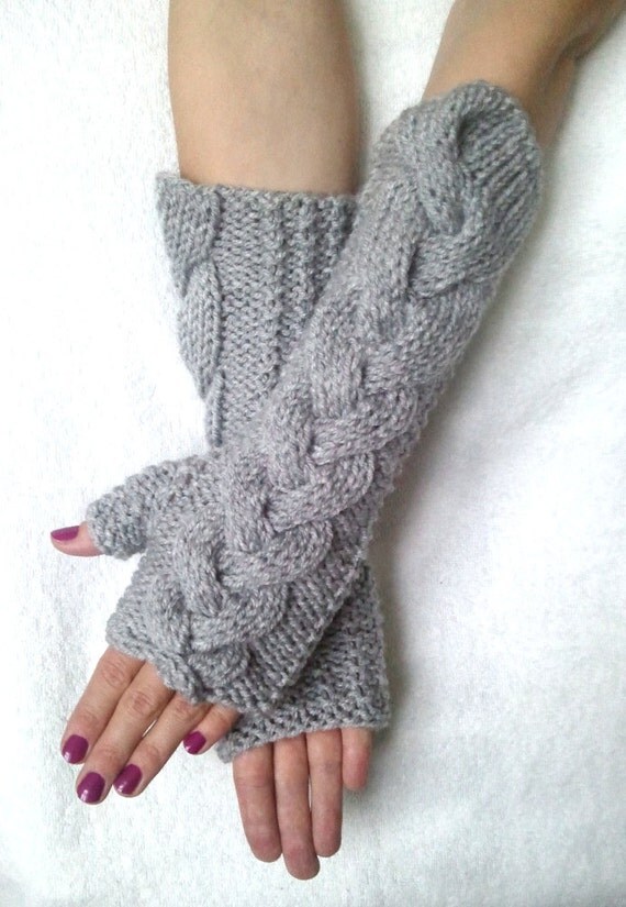Light Grey Fingerless Gloves Cabled Arm Warmers by LaimaShop