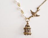 Items similar to Bird Cage Charm Necklace, Be Free Sparrow, Flying ...