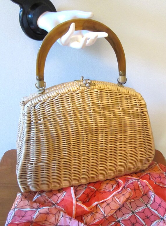 50-60's Jackie O Large Wicker Kelly Handbag Purse