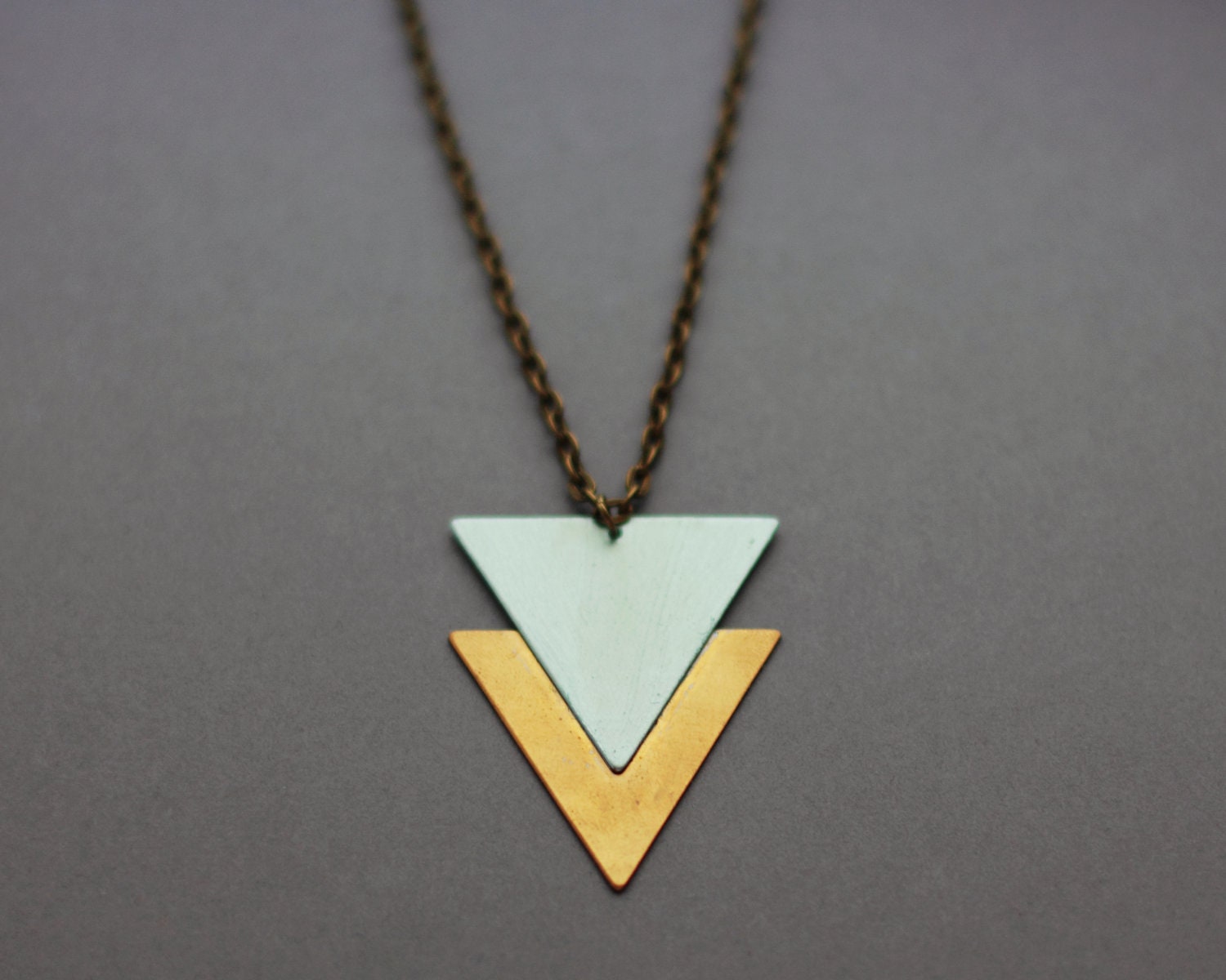 Two Triangle Chevron Necklace Mint Brass Modern Handmade