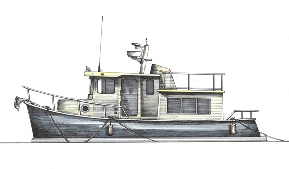 Modern Tugboat Color Ink Drawing 5x7 Fine Art by SideViewStudio