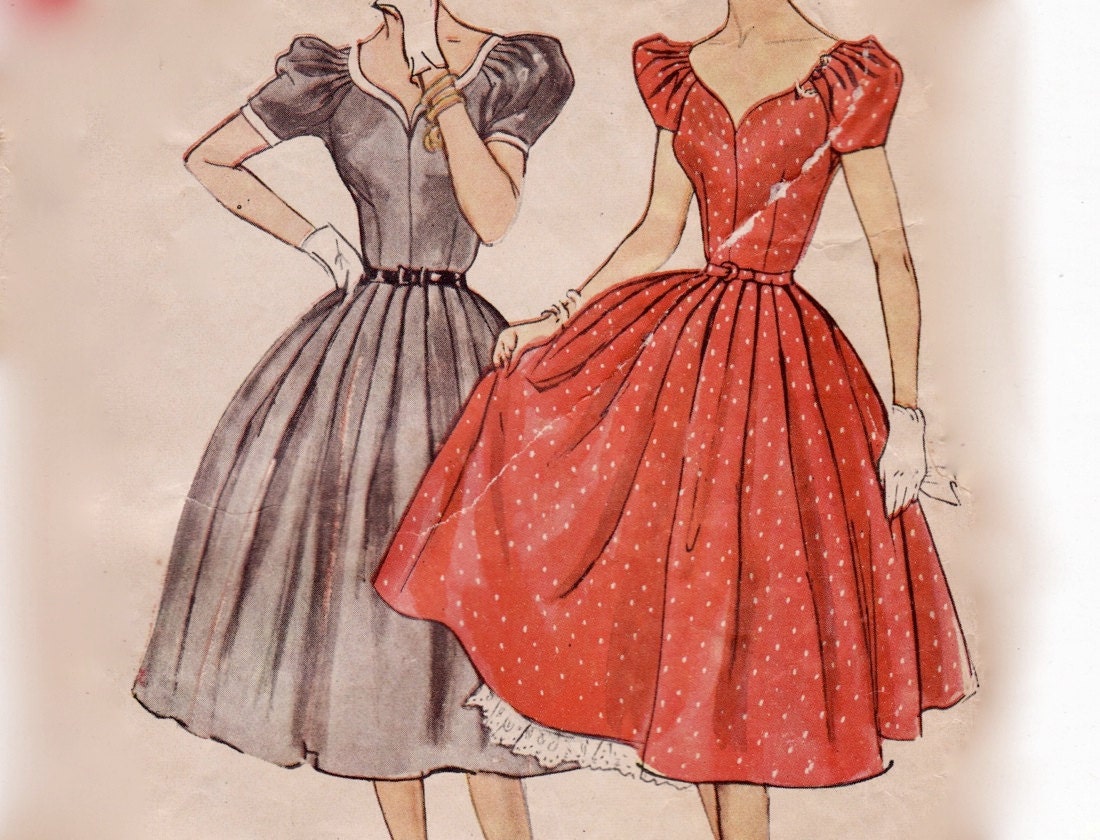 Vintage 50s Sewing Pattern Sweetheart Neck Dress with Tuck
