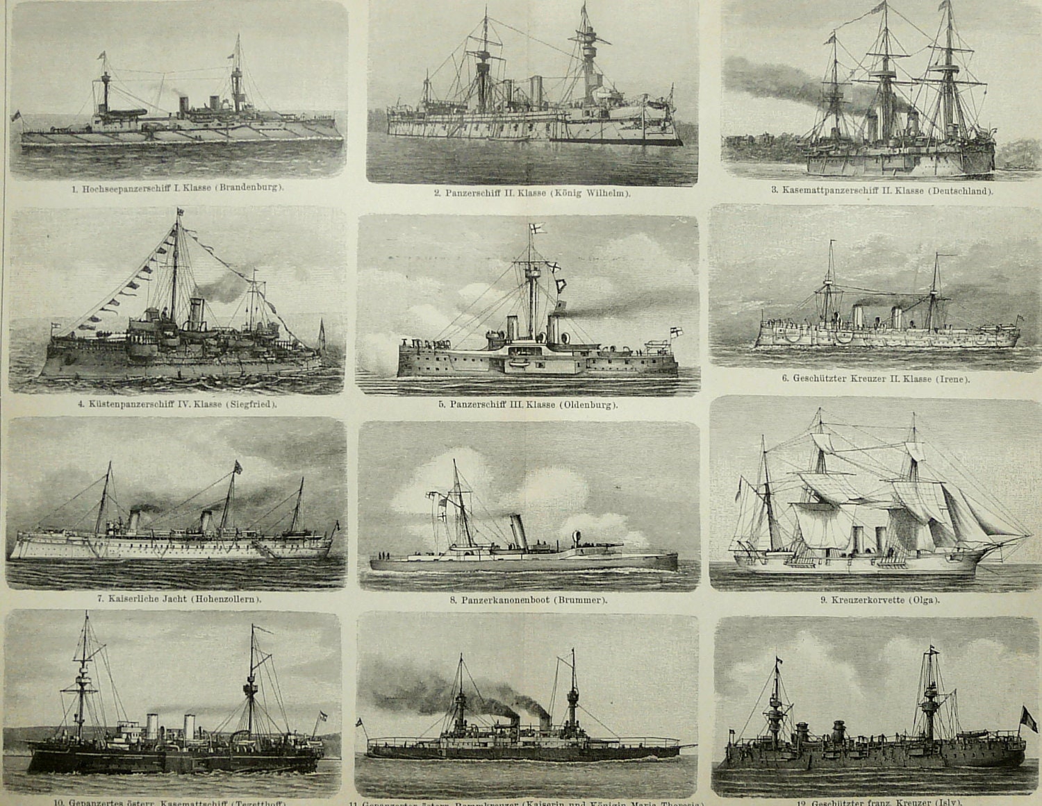1895 Antique print of different types of BATTLESHIPS.