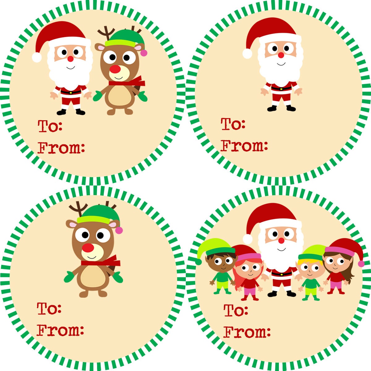 Christmas Gift Tag Stickers Green and Red Striped Santa