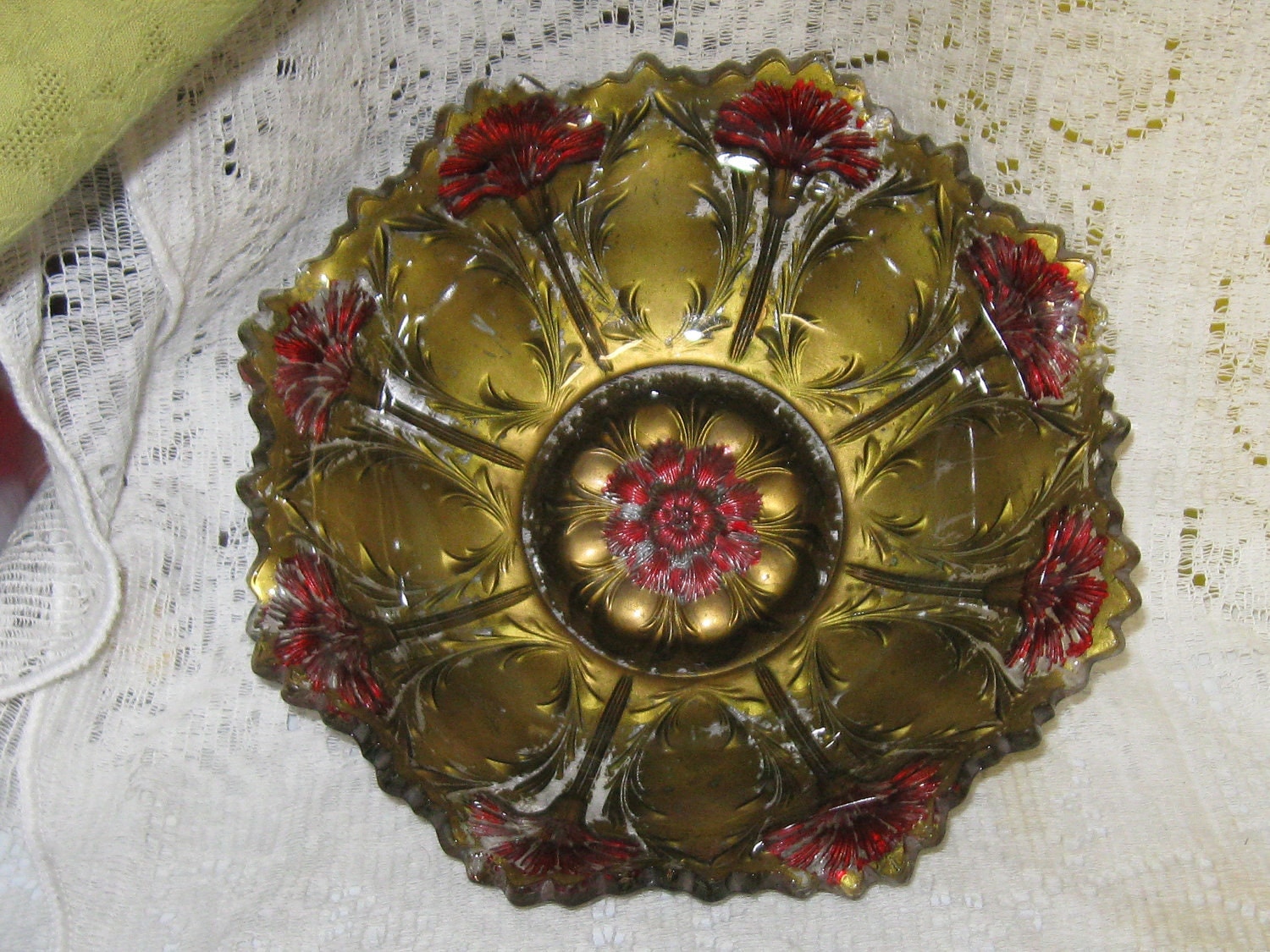 Goofus Glass Carnation 9 inch bowl early 1900s