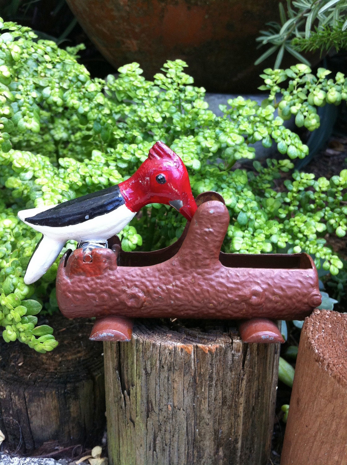 Vintage Woodpecker On Log Toothpick Holder Cast Iron