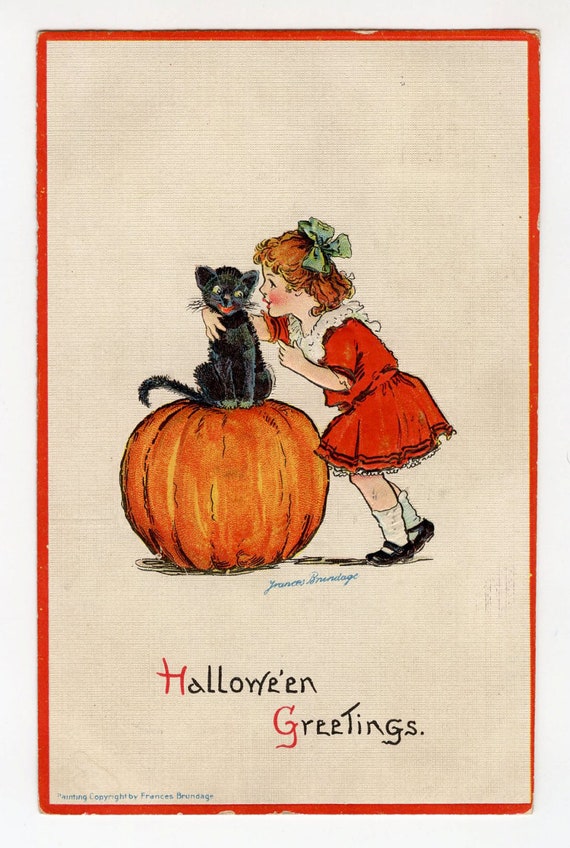 Vintage 1912 Halloween Postcard Big Black Cat Pumpkin