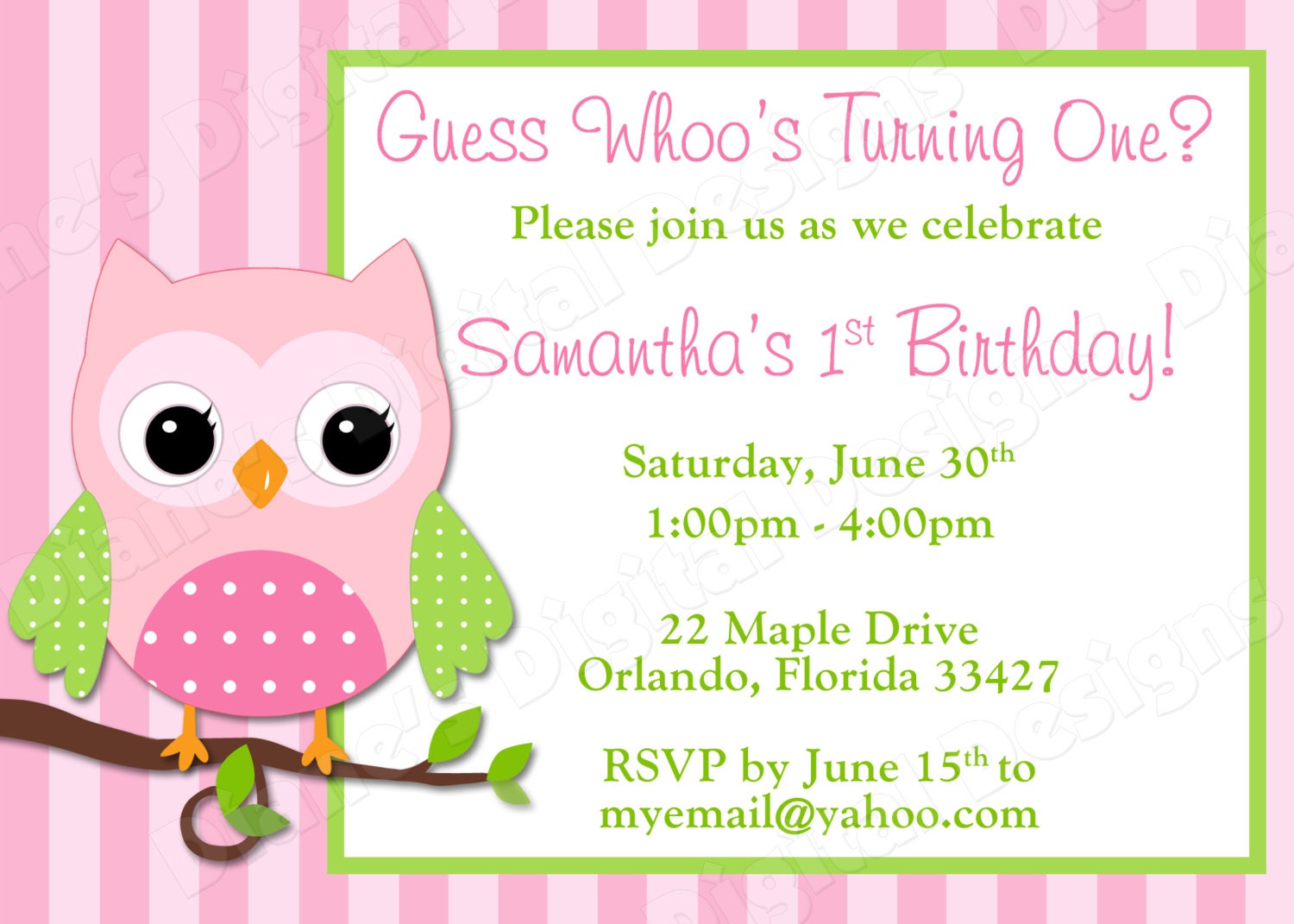 Owl Girls Birthday Party Invitations Templates