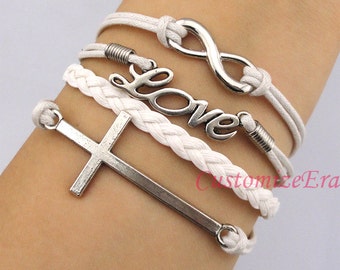 Infinity, Love & Cross Bracelet--Antique silver Bracelet--Wax Cords and ...