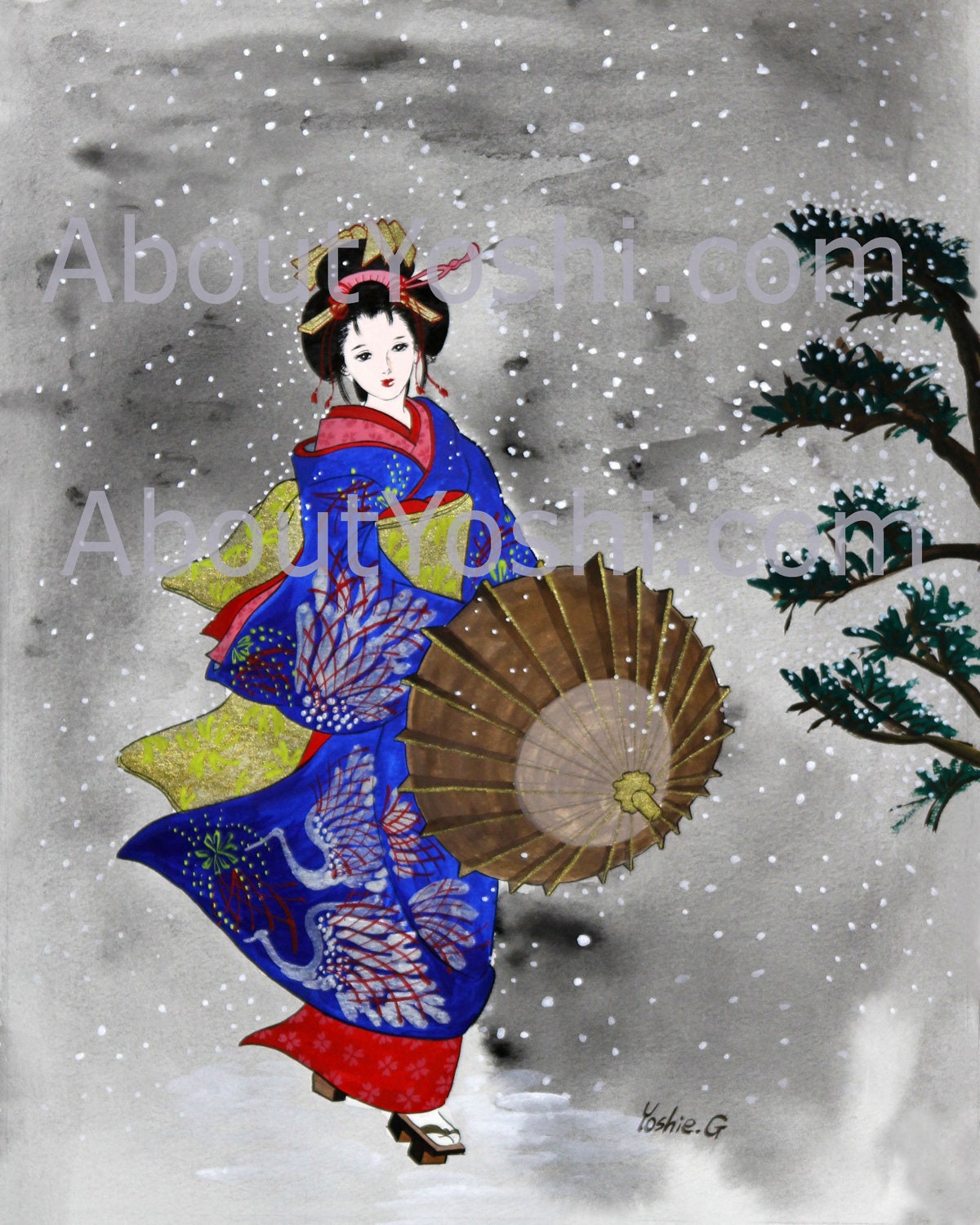 Japanese Art Geisha Snow in the Evening 11 x