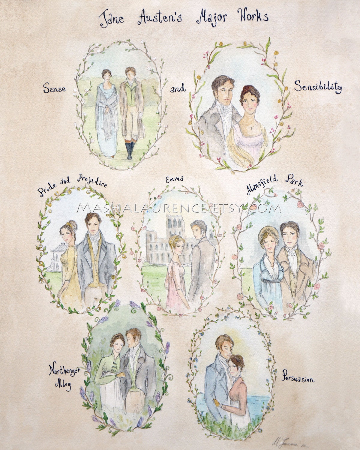 Major Works of Jane Austen. 11x14 Art Print. Pride and