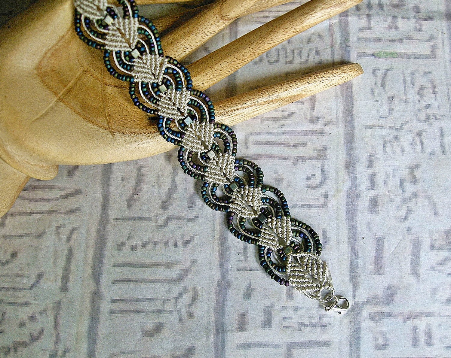 Micro macrame beaded bracelet in metallic teal and silver