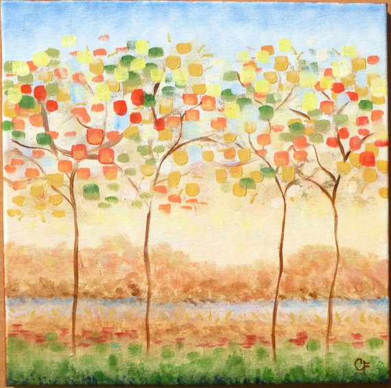 Whimsical modern fall tree painting 12x12 square by PastelPond