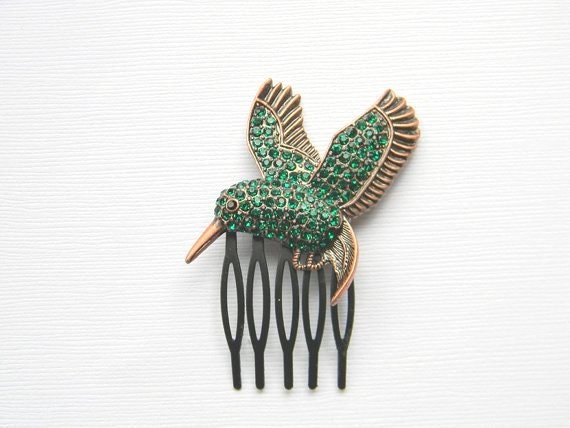 Items similar to Emerald Green Rhinestone Bird Hair Comb - Swarovski ...
