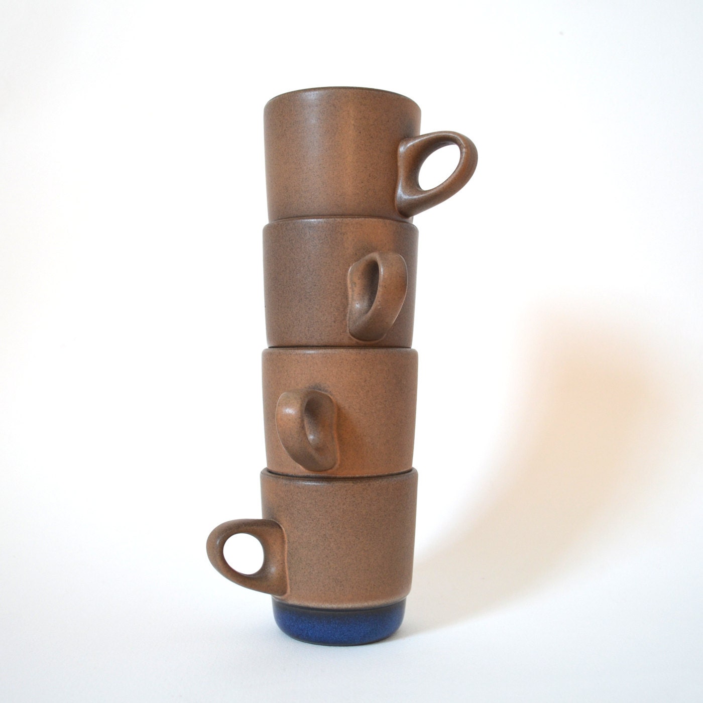 Four Heath Ceramics Moonstone Blue with Brown Rim Stack Mugs