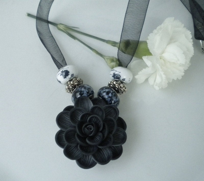 Polymer Clay Flower Necklace Black Dahlia W Lampwork Beads On