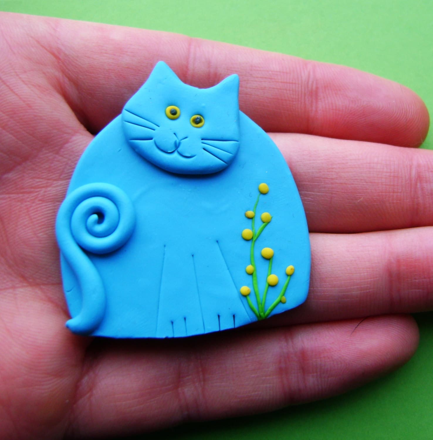 Polymer Clay Blue Fimo Cat with yellow flowers Brooch or