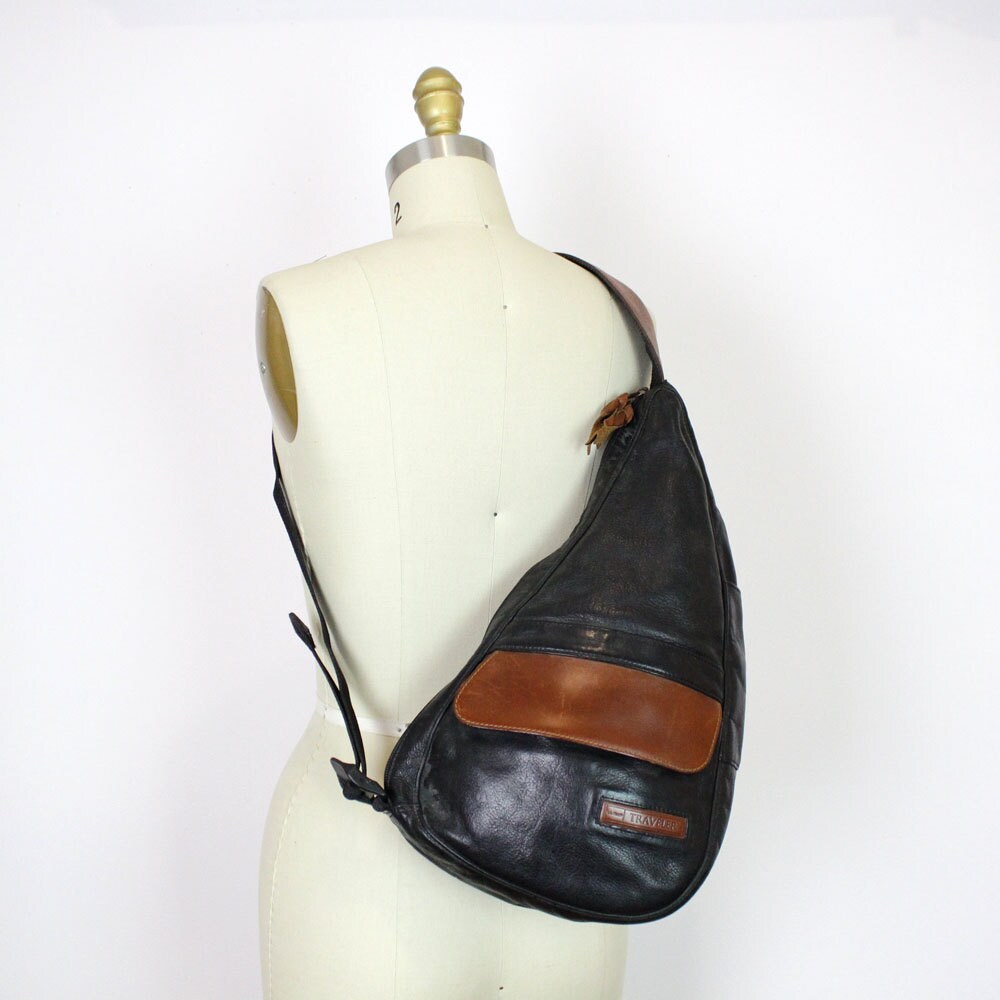 black leather sling backpack / LL Bean one shoulder saddle