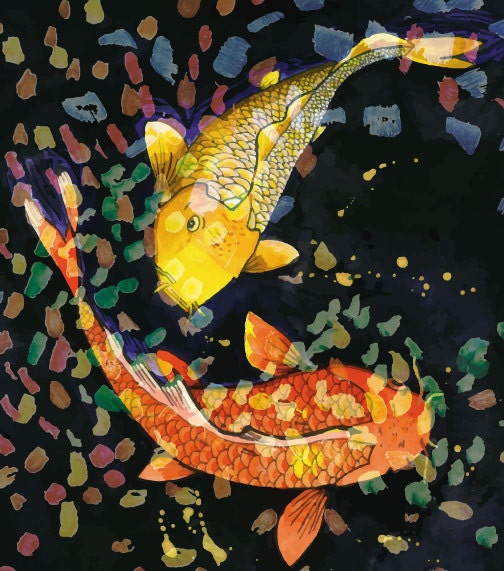 A painting of two gold Koi fish chasing confetti art print