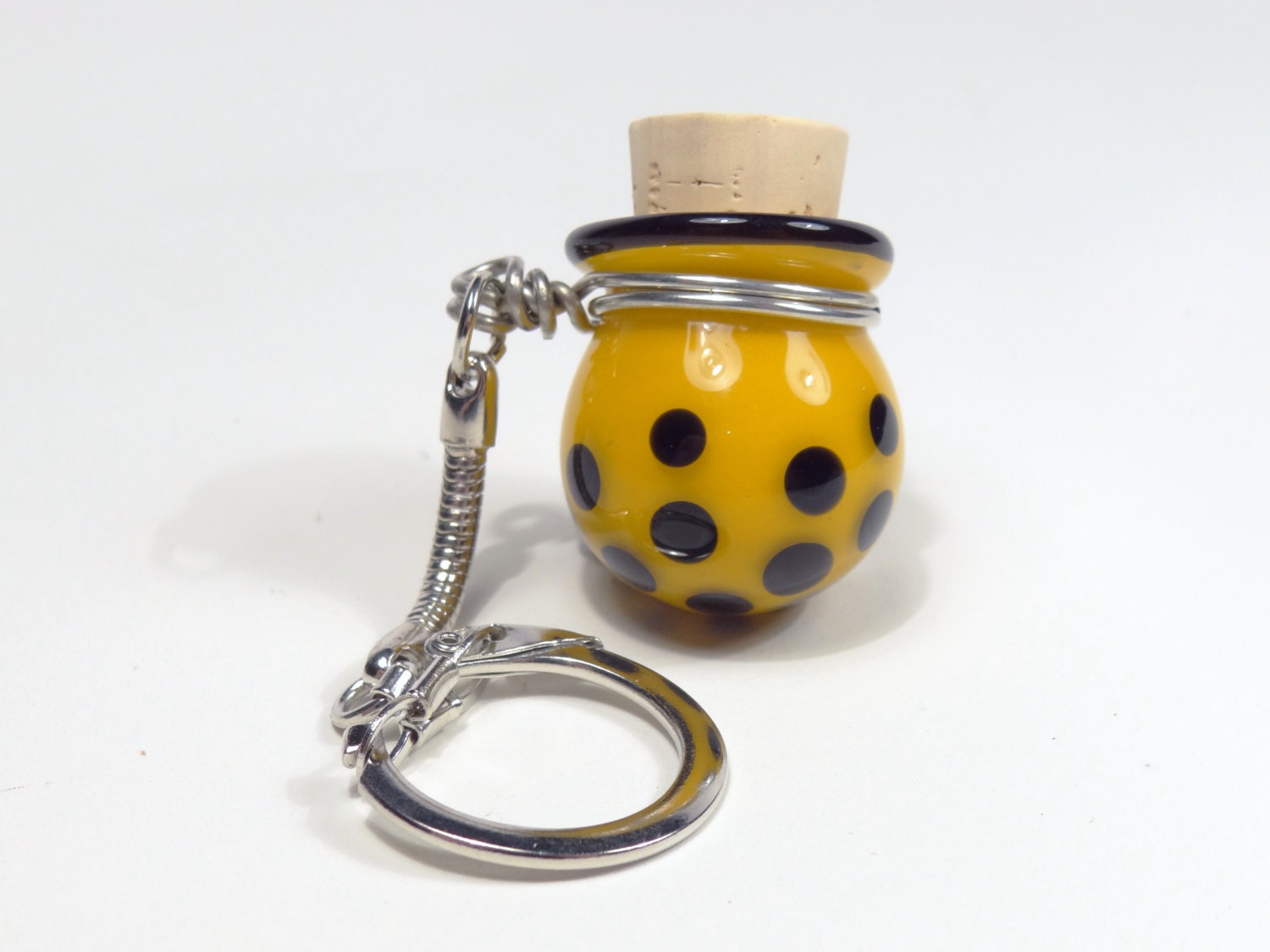 Tiny Glass Keychain Jar Yellow Spotted