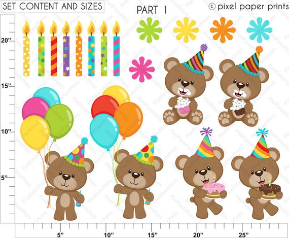 Birthday Bear Clipart and Digital paper set by pixelpaperprints