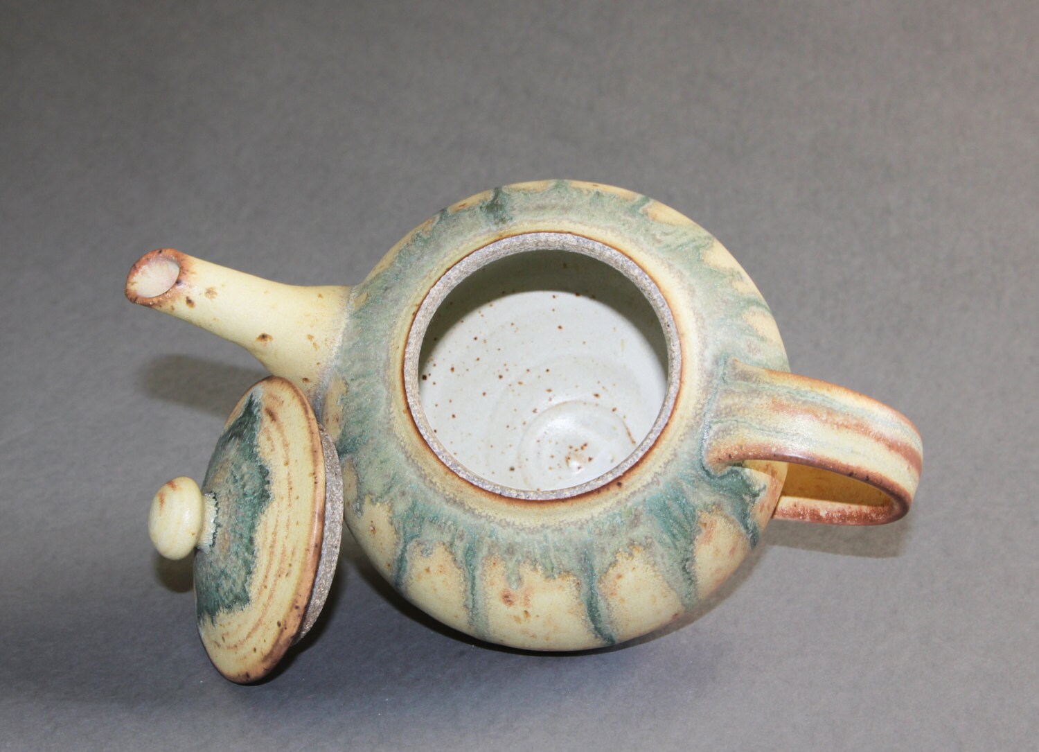 Wheel Thrown Stoneware Teapot with Yellow and Green Glaze by